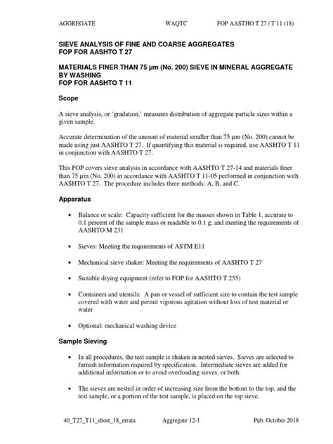 Aashto T 27 Sieve Analysis Of Fine And Coarse Aggregates Pdf Pdf Nature