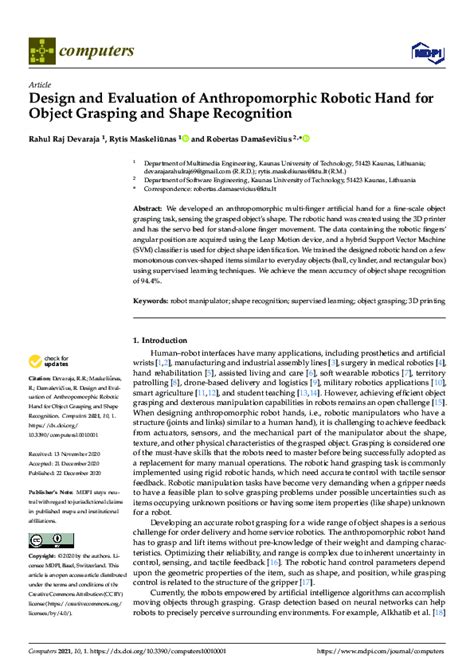 Pdf Design And Evaluation Of Anthropomorphic Robotic Hand For Object Grasping And Shape