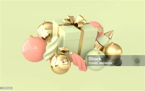 메리 크리스마스와 새해 복 야 3d 렌더링 일러스트 레이션 카드 파스텔 컬러 크리스마스 공 별 크리스마스 트리 선물 상자 겨울 장식 Xmas 최소한의 디자인 입체 이미지에