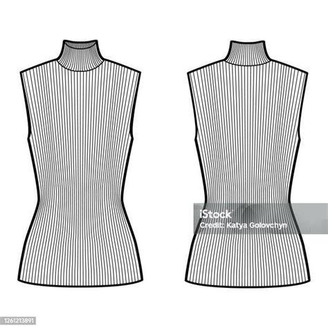 터틀넥 리브 스웨터 테크니컬 패션 일러스트 튜닉 길이 바디 민소매 점퍼 0명에 대한 스톡 벡터 아트 및 기타 이미지 0명
