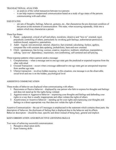 Transactional Analysis Lecture Notes Transactional Analysis An Analysis Of The Verbal