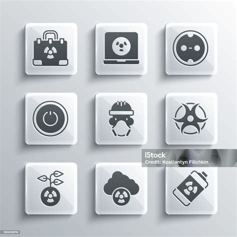 산성비와 방사능 구름 원자력 배터리 생물학적 위험 기호 원자로 작업자 방사능 전원 버튼 방사선 핵 가방 및 전기 콘센트 아이콘을 설정합니다 벡터 가방에 대한 스톡 벡터 아트