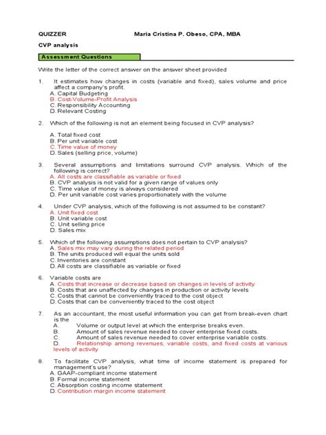 Cvp Analysis Quiz Assessment Pdf Money Financial Markets