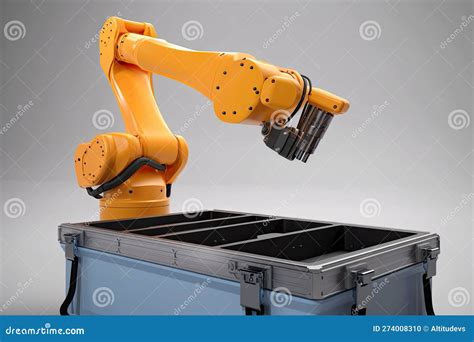 Robot Arm Picks Up Toolbox And Places It Into Robotic Hand Stock