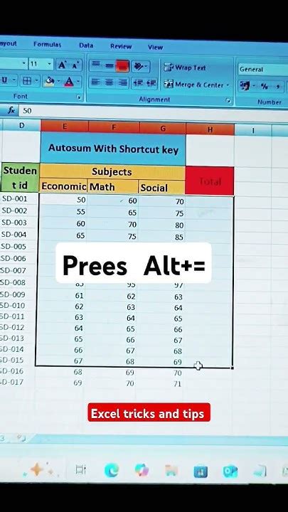 Use Shortcut Key Of Sum Function To Calculate Total Marks Sheet In Excel Shorts Youtube