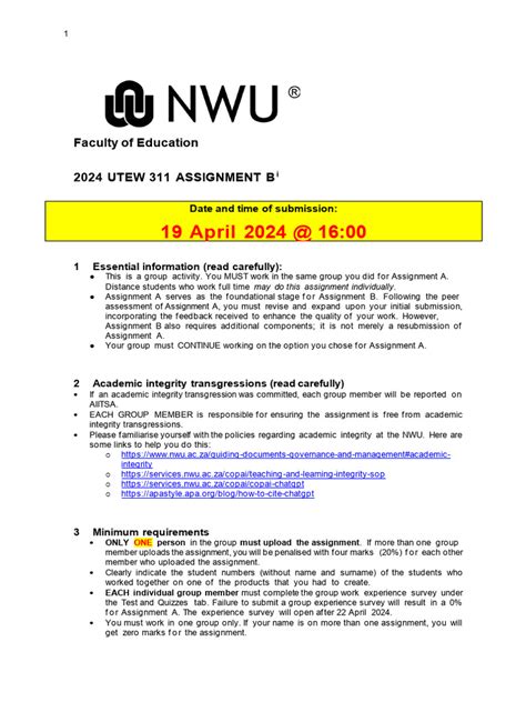 2024 Utew 311 Assignment B Instructions Pdf Lesson Plan Pedagogy