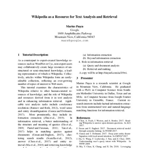 Wikipedia As A Resource For Text Analysis And Retrieval Acl Anthology