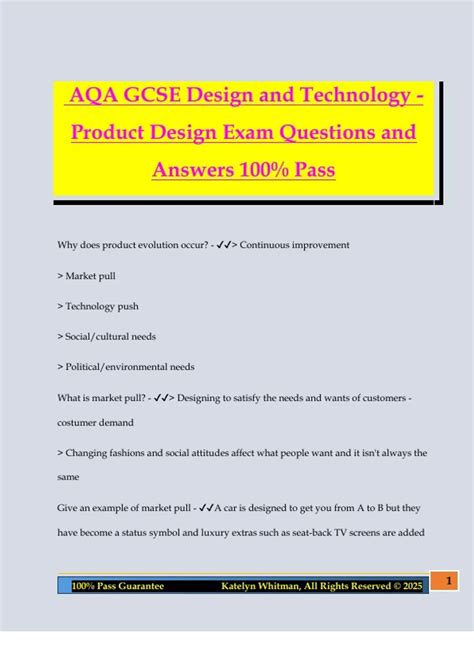 Aqa Gcse Design And Technology Product Design Exam Questions And Answers 100 Pass Aqa Gcse