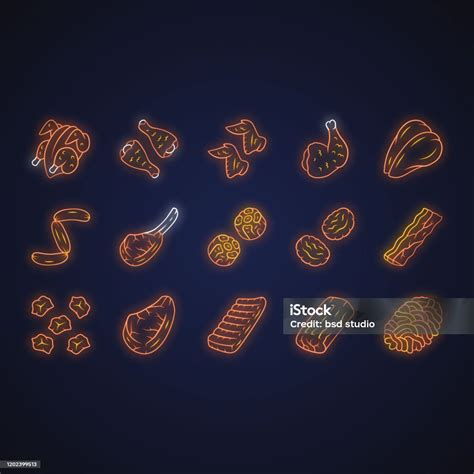 정육점 고기 네온 빛 아이콘 세트 치킨 드럼 스틱 가슴과 햄 베이컨 버거 패티 스테이크 소꼬리 도살사업 육류 생산 및 판매 빛나는 기호입니다 벡터 절연 일러스트레이션 네온에
