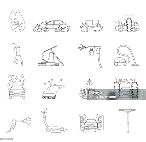 흰색 배경에 분리된 세차장 아이콘 집합입니다 세차 과정의 픽토그램 표지판의 큰 컬렉션입니다 전단지와 웹 포스터에 인쇄하기 위한