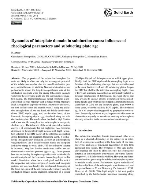 Pdf Dynamics Of Interplate Domain In Subduction Zones Influence Of