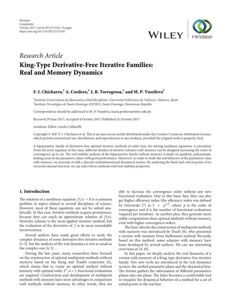 pdf king type derivative free iterative families real and memory