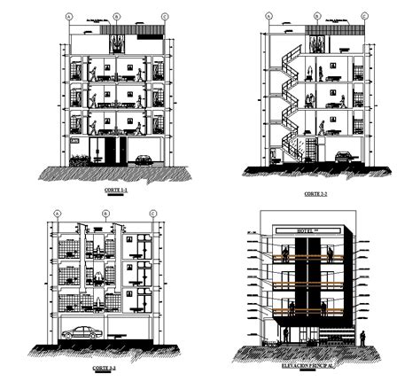 Plan And Elevation Of Hotel Building Structure 2d View Layout File Artofit