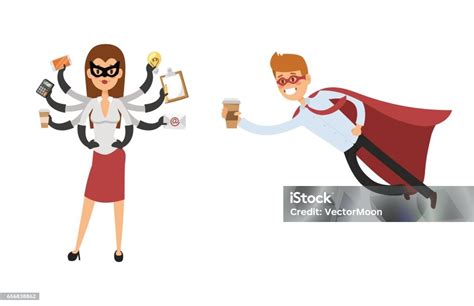 슈퍼 히어로 비즈니스 남자 여자 벡터 일러스트 세트 캐릭터 성공 만화 파워 컨셉 실업가 강한 사람 실루엣 리더 팀 격리 슈퍼히어로에 대한 스톡 벡터 아트 및 기타 이미지