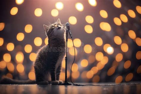 cat artist sings into a microphone neural network ai generated stock illustration