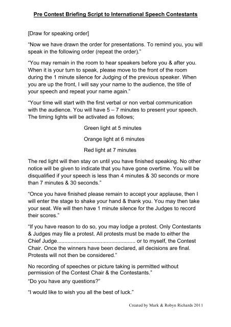 International Speech Contest Contest Chair Script Toastmasters