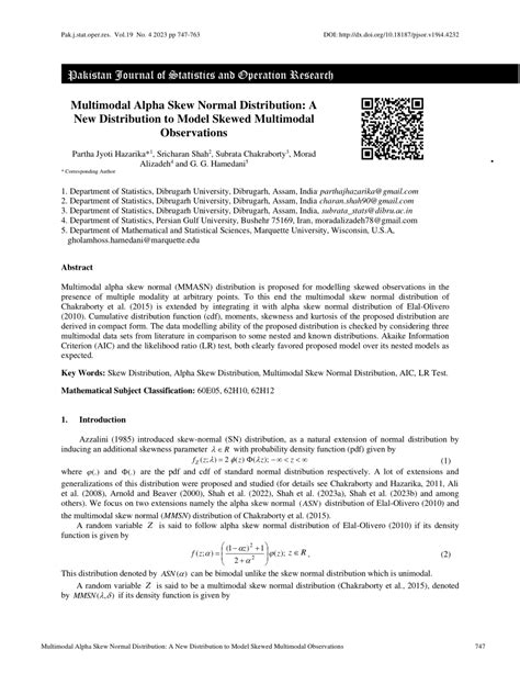 Pdf Multimodal Alpha Skew Normal Distribution A New Distribution To Model Skewed Multimodal