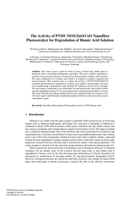 Pdf The Activity Of Pvdf Tio2znocoo Nanofiber Photocatalyst For Degradation Of Humic Acid