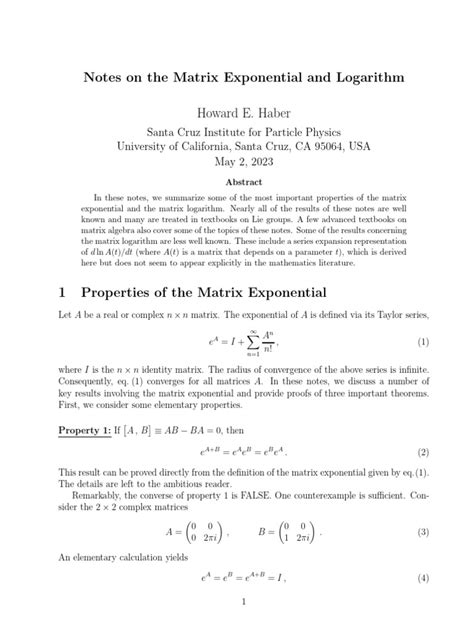 Notes On The Matrix Exponential And Logarithm Howard E Haber Pdf