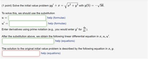 solved 1 point solve the initial value problem yy′ x x2 y2