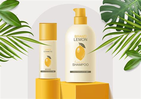 화장품 뷰티 배너 스킨 케어 레몬 화장품 현실적인 패키지 프로토 타입 및 노란색 배경 프리미엄 벡터