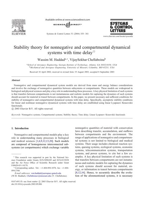 Pdf Dissipativity Theory For Nonnegative And Compartmental Dynamical Systems With Time Delay