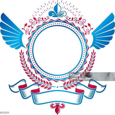 로얄 릴리 꽃 월계관 기호와 장식 리본을 사용 하 여 만든 그래픽 상징 팔의 문장 학 외 투 절연 장식 아이콘 벡터 일러스트 경호에 대한 스톡 벡터 아트 및 기타 이미지
