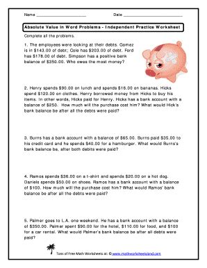 Absolute Value In Word Problems Practice Worksheet Integers Fill And Sign Printable Template