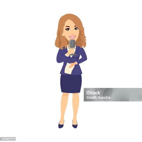기자 마이크를 가진 예쁜 젊은 여자가 뉴스를보고합니다 손으로 그린 삽화 속보 개념입니다 캐리커처에 대한 스톡 벡터 아트 및 기타