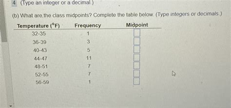 Solved 4 Type An Integer Or A Decimal B What Are The Class Midpoints Complete The Table
