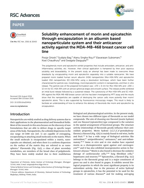 Pdf Solubility Enhancement Of Morin And Epicatechin Through Encapsulation In An Albumin Based