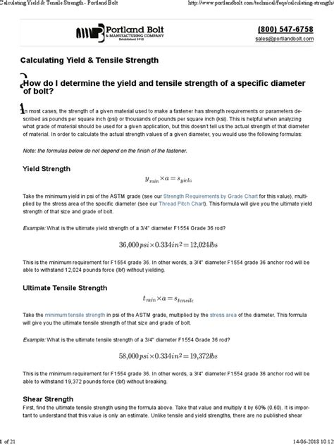 Calculating Yield And Tensile Strength Portland Bolt Screw Ultimate