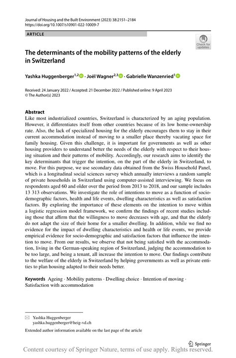 Pdf The Determinants Of The Mobility Patterns Of The Elderly In Switzerland