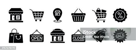 상점 또는 상점 아이콘 집합입니다 가방 및 쇼핑 카트 바구니 지도 핀 위치 할인 개폐 표시 판매 가격표 식료품 시장 프로모션 슈퍼마켓을 포함합니다 벡터 일러스트 레이 션