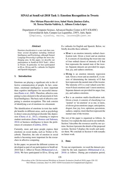 Pdf Sinai At Semeval 2018 Task 1 Emotion Recognition In Tweets