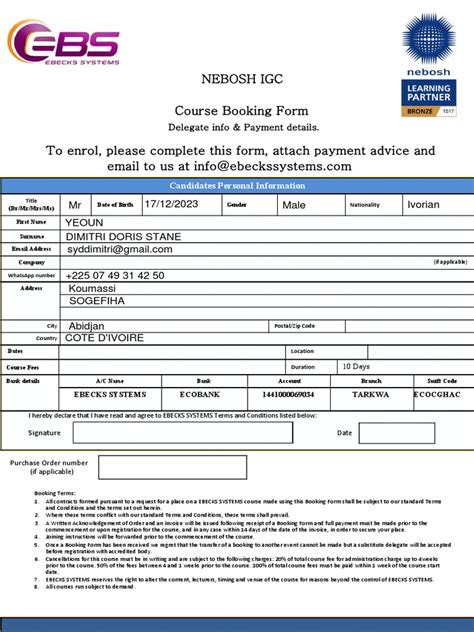 Nebosh Igc Registration Form Pdf Invoice Service Industries