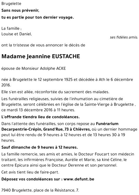 Avis De Décès De Jeannine Eustache Décédé Le 06122016 à Ath Annonce