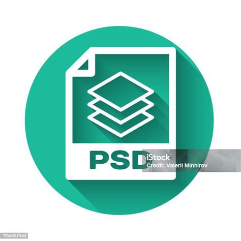 흰색 psd 파일 문서 아이콘입니다 다운로드 psd 버튼 긴 그림자와 고립 된 아이콘 psd 파일 기호입니다 녹색 원 버튼을 클릭 합니다 벡터 일러스트 0명에 대한 스톡