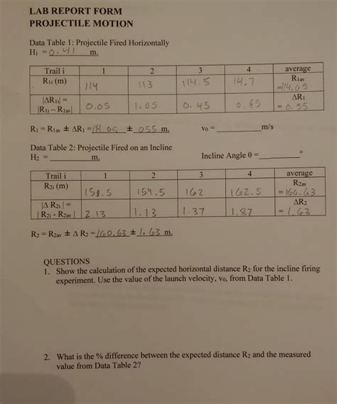 Lab Report Form Projectile Motion Data Table 1