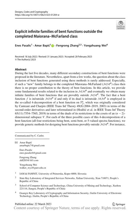 Pdf Explicit Infinite Families Of Bent Functions Outside The Completed Maiorana Mcfarland Class