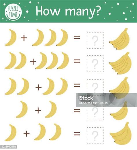 바나나와 수학 게임 미취학 아동을위한 열대 수학 활동 워크 시트를 계산 정글 계산 귀여운 재미있는 요소와 교육 추가 수수께끼 아이들을위한 간단한 여름 게임 0명에 대한 스톡