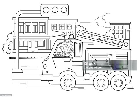 색칠 공부 페이지 소방관이나 소방관이있는 만화 소방차의 개요 전문 운송 아이들을위한 색칠 공부 책 교육에 대한 스톡 벡터 아트 및 기타 이미지 Istock