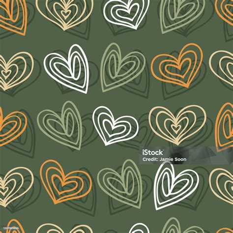 벡터 녹색 허니문 어드벤처 하트 반복 패턴입니다 모험 테마와 발렌타인 데이 결혼식 약혼 카드에 적합합니다 결혼식에 대한 스톡