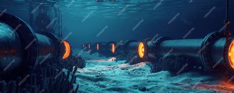 underwater pipeline with glowing lights premium ai generated image