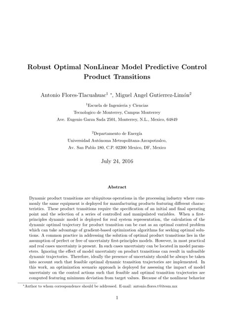 pdf robust optimal nonlinear model predictive control product transitions