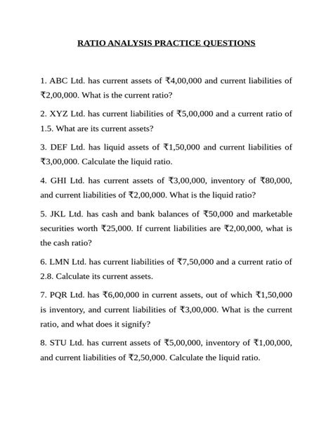 Ratio Analysis Practice Questions Pdf Securities Finance