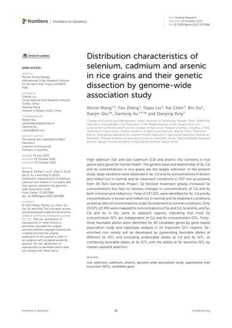 Pdf Distribution Characteristics Of Selenium Cadmium And Arsenic In Rice Grains And Their