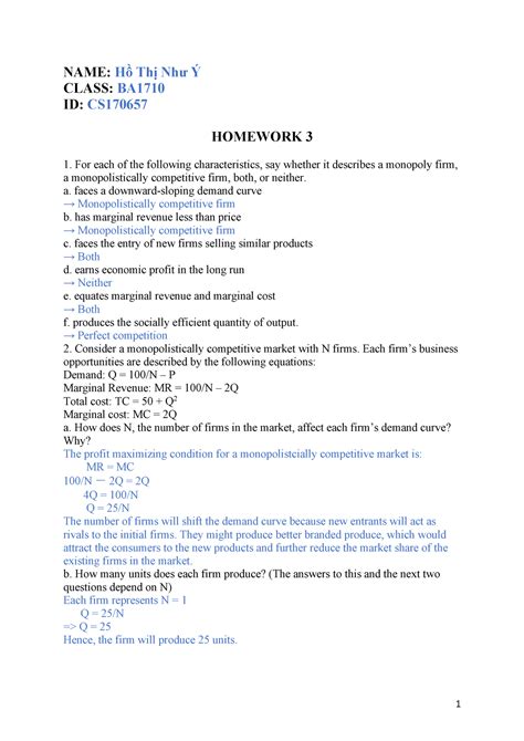 Homework fn nen NAME Hồ Thị Như Ý CLASS BA ID CS HOMEWORK For each of the following