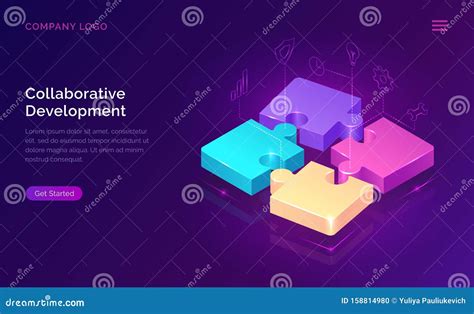 Collaborative Development Isometric Business Concept Vector Color Puzzle Elements Or Icons On