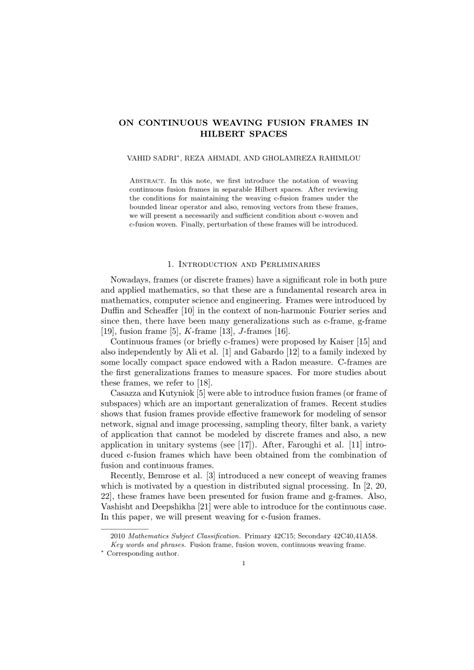 Pdf On Continuous Weaving Fusion Frames In Hilbert Spaces